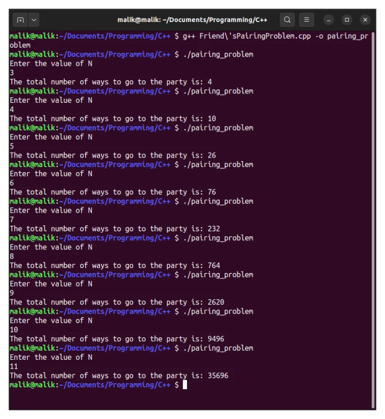 Friends Pairing Problem Using Dynamic Programming In C++ | CodeForGeek